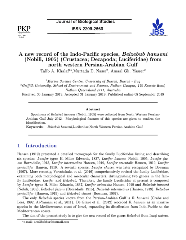 (PDF) A new record of the Indo-Pacific species, Belzebub hanseni ...