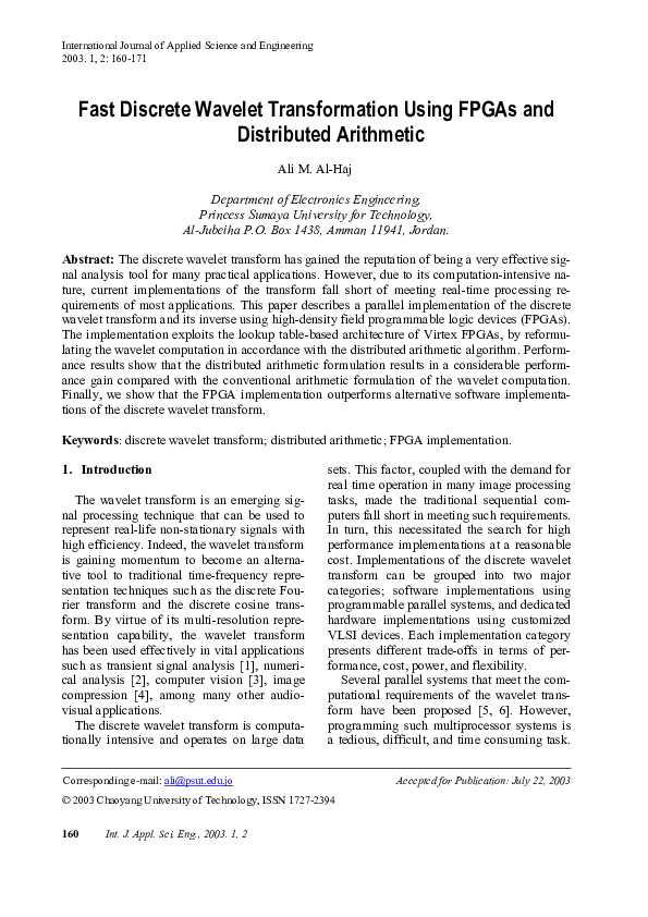 Pdf Fpga Based Fast Discrete Wavelet Transform