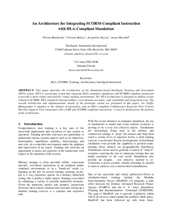 (PDF) An Architecture for Integrating SCORM-Compliant Instruction with HLA-Compliant Simulation