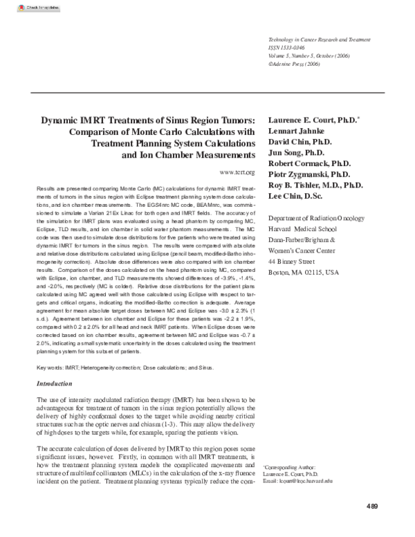 (PDF) Dynamic IMRT treatments of sinus region tumors: comparison of Monte Carlo calculations ...