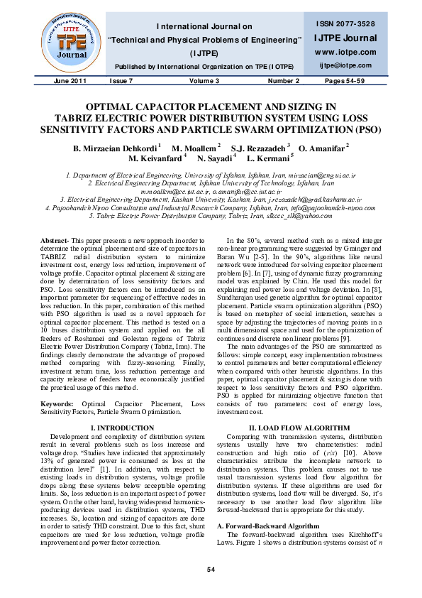 Pdf Optimal Capacitor Placement And Sizing In Tabriz Distribution System Using Loss