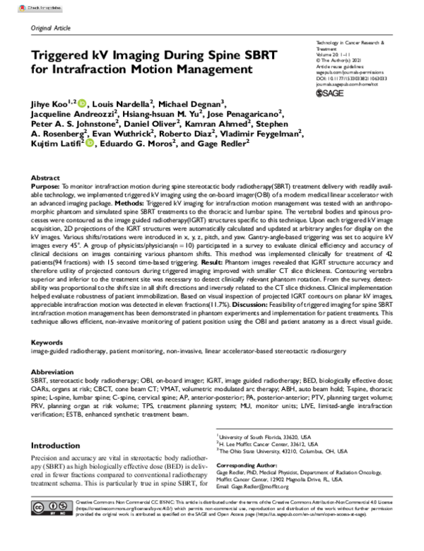 (PDF) Triggered kV Imaging During Spine SBRT for Intrafraction Motion Management