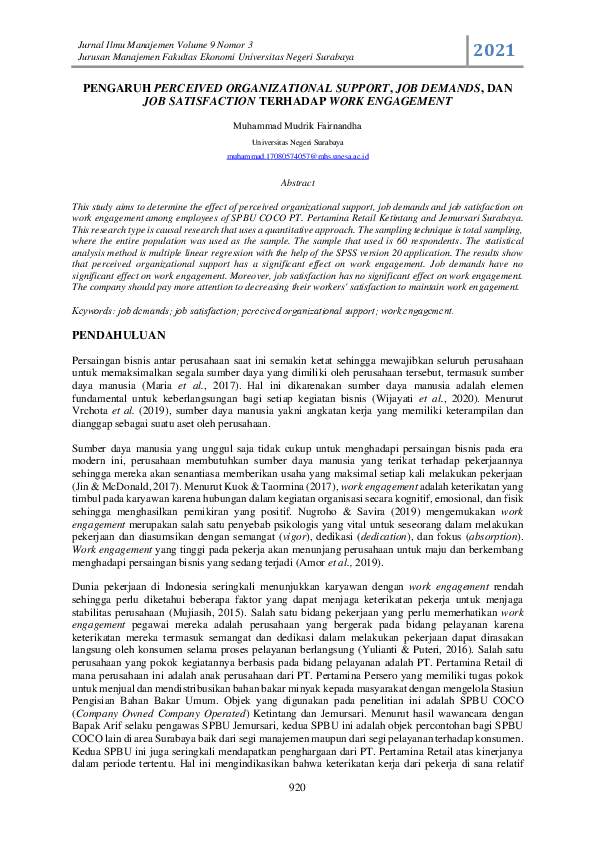 (PDF) Pengaruh Perceived Organizational Support, Job Demands, dan Job Satisfaction terhadap Work ...