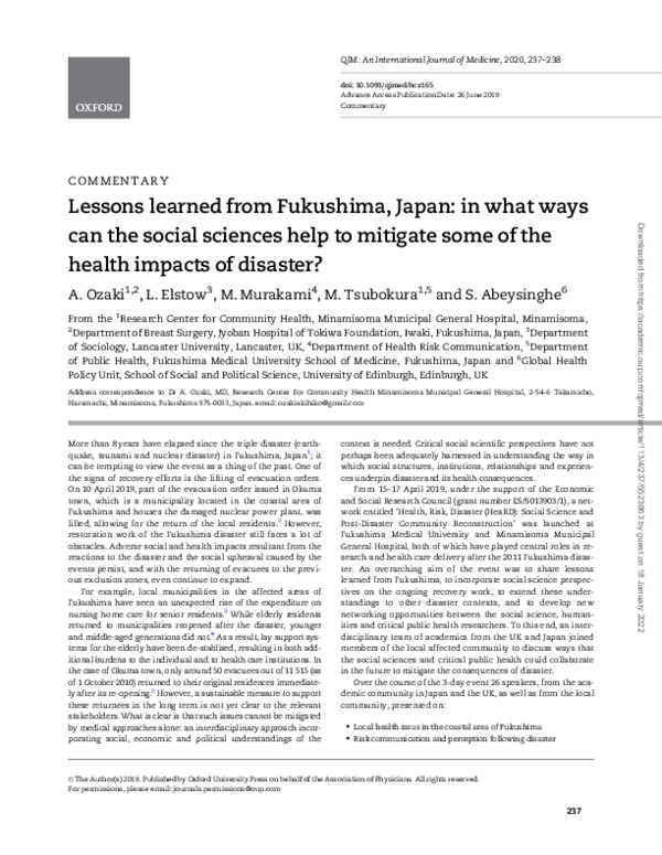 (PDF) Lessons learned from Fukushima, Japan: In what ways can the ...
