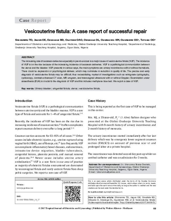 (PDF) Vesicouterine fistula: A case report of successful repair