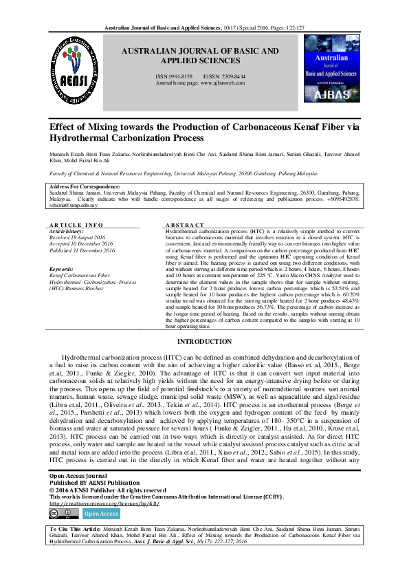 (PDF) Production of Carbonaceous Kenaf Fiber via Hydrothermal ...
