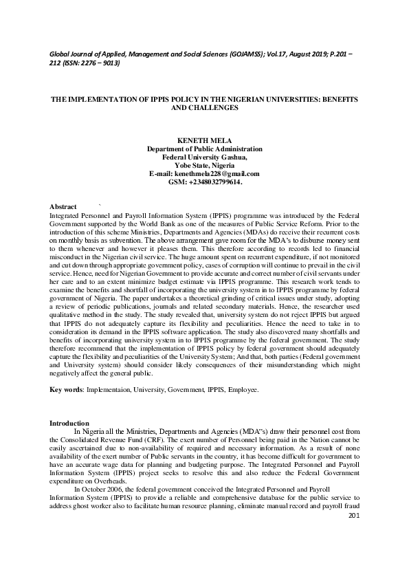 (PDF) The Implementation of Ippis Policy in the Nigerian Universities ...