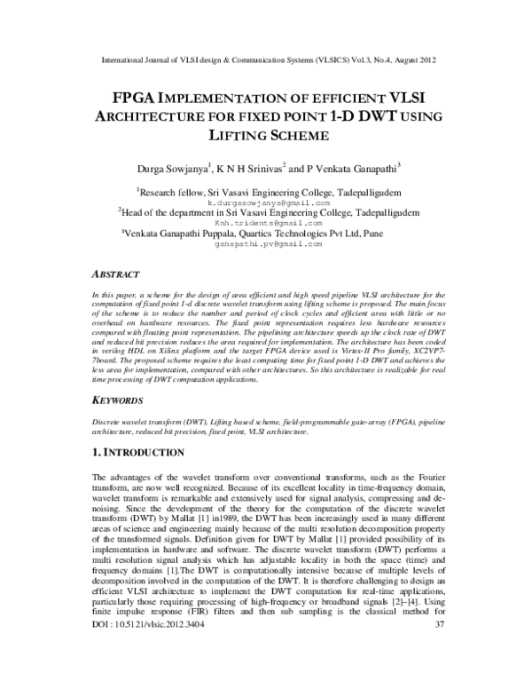 Pdf Fpga I Mplementation Of Efficient Vlsi A Rchitecture For Fixed Point 1 D Dwt Using L 