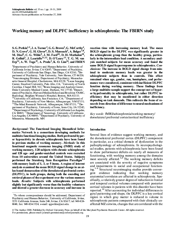 (PDF) Working memory and DLPFC inefficiency in schizophrenia: the FBIRN ...