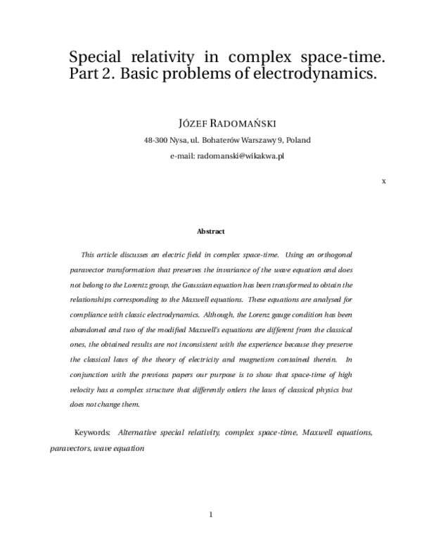 (PDF) Special Relativity in Complex Space-Time. Part 2. Basic Problems of Electrodynamics