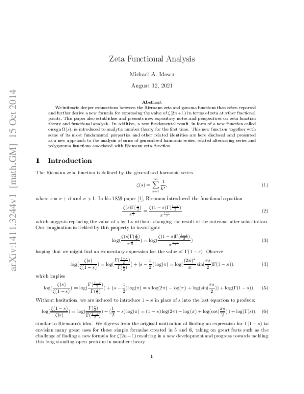 (PDF) Zeta Functional Analysis