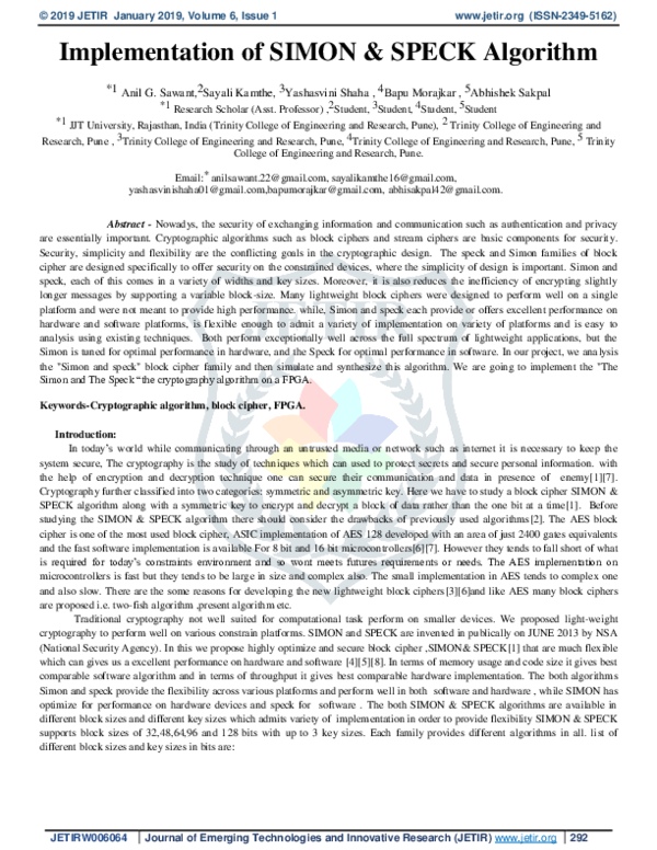 (PDF) Implementation of SIMON & SPECK Algorithm | Yashasvini Shaha - Academia.edu