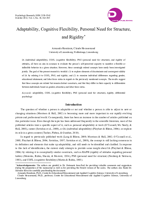 (PDF) Adaptability, Cognitive Flexibility, Personal Need for Structure ...