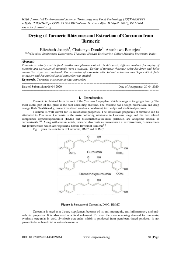 (PDF) Drying of Turmeric Rhizomes and Extraction of Curcumin from Turmeric