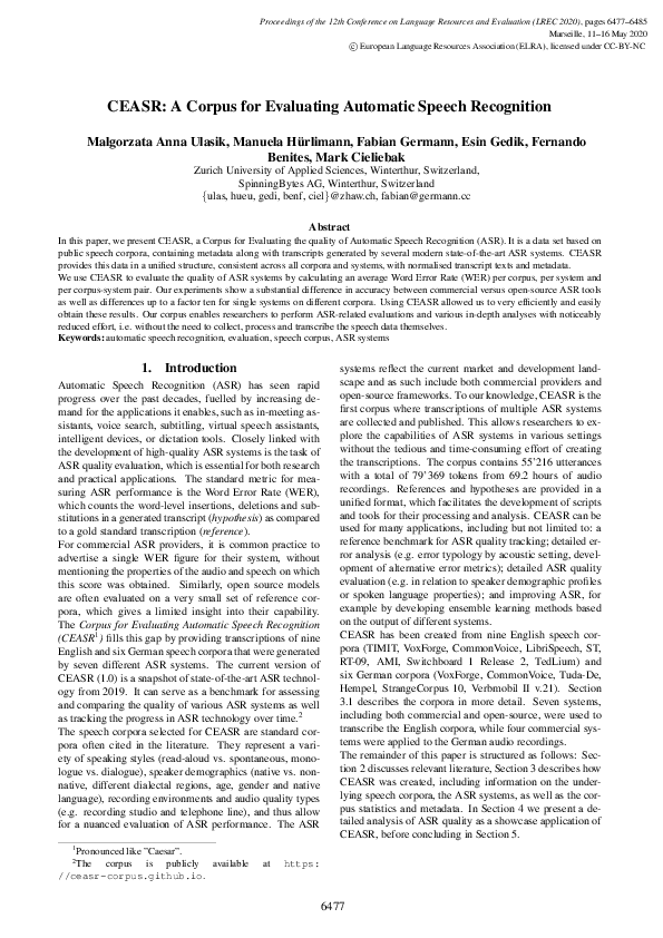 (PDF) CEASR: A Corpus for Evaluating Automatic Speech Recognition