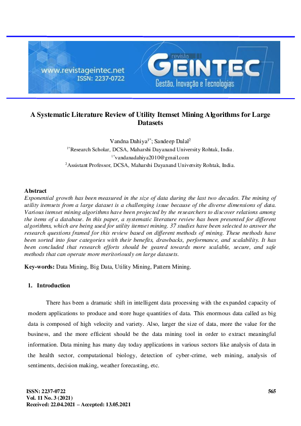 (PDF) A Systematic Literature Review of Utility Itemset Mining Algorithms for Large Datasets