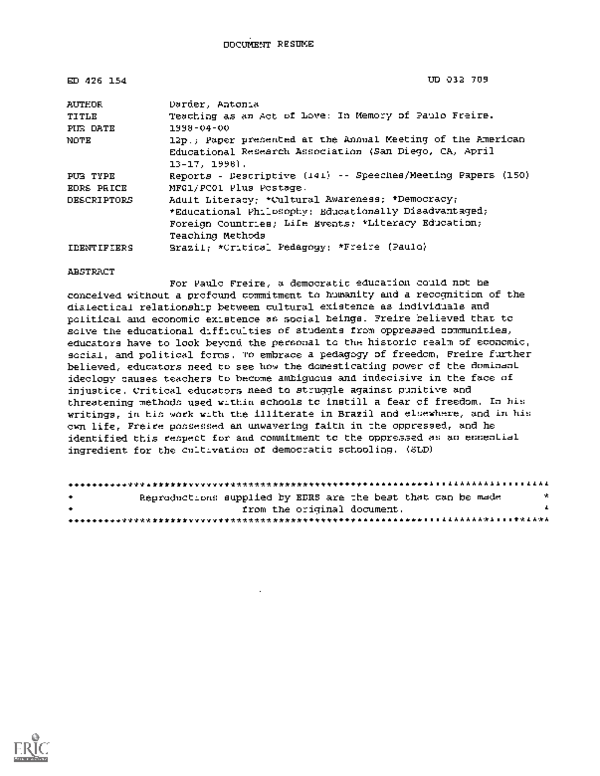 (PDF) Teaching as an Act of Love: In Memory of Paulo Freire