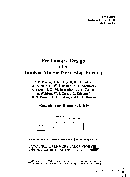 (PDF) Design Overview of the Tandem-Mirror-Next-Step Facility