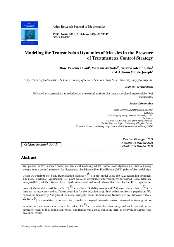 (PDF) Modeling the Transmission Dynamics of Measles in the Presence of ...
