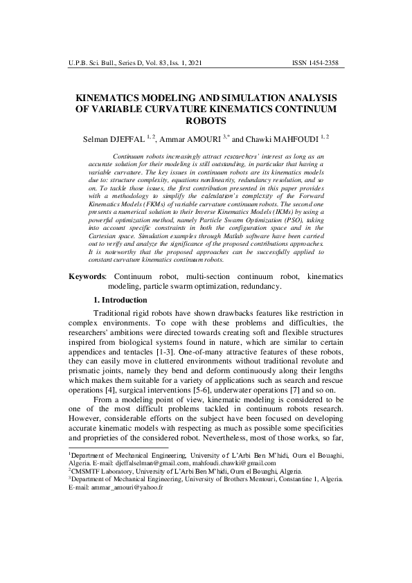 (PDF) Kinematics Modeling and Simulation Analysis of Variable Curvature Kinematics Continuum Robots