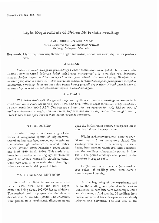 (PDF) Light Requirements of Shorea Materialis Seedlings