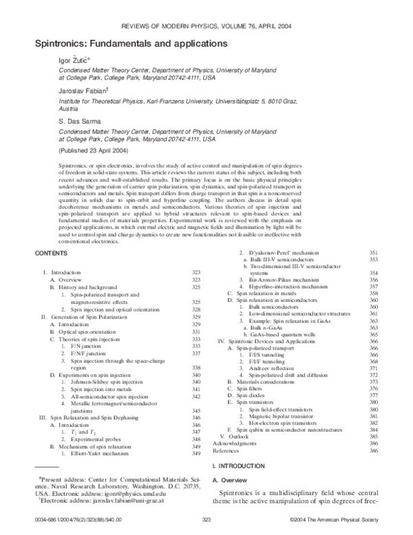 (PDF) Spintronics: Fundamentals and Applications