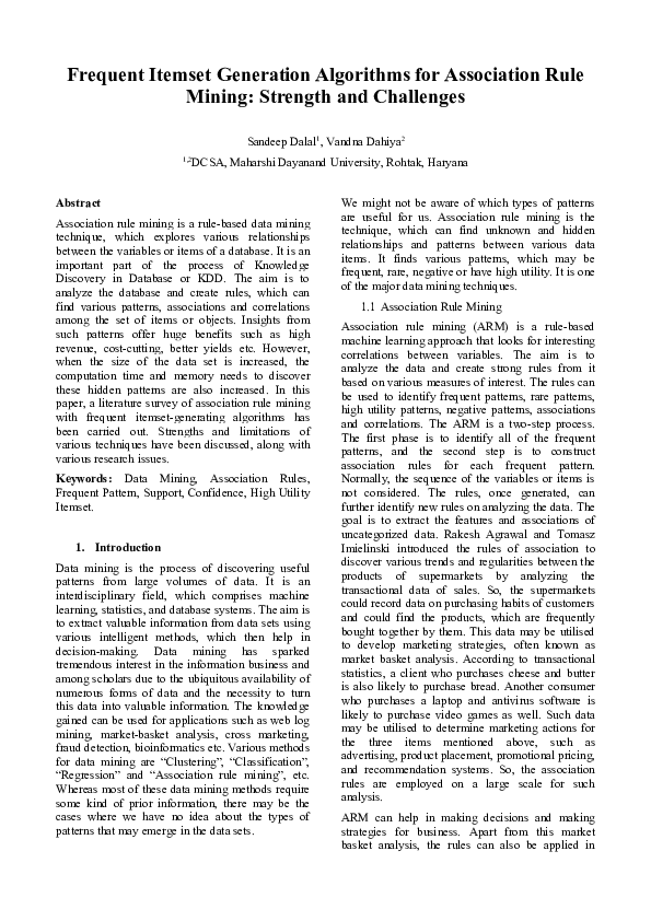 Doc Frequent Itemset Generation Algorithms For Association Rule Mining Strength And Challenges
