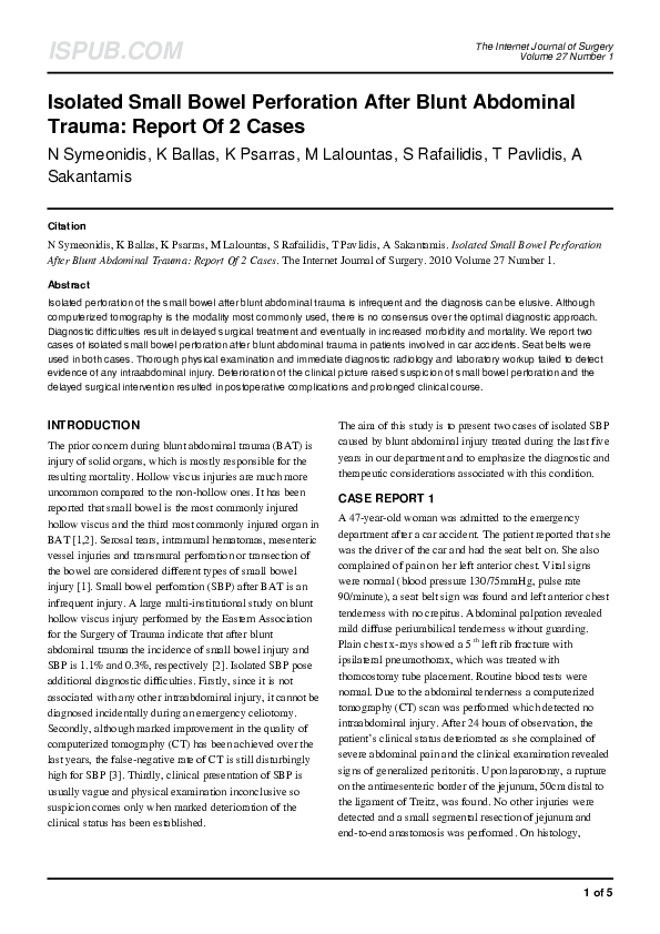 (PDF) Isolated Small Bowel Perforation After Blunt Abdominal Trauma: Report Of 2 Cases