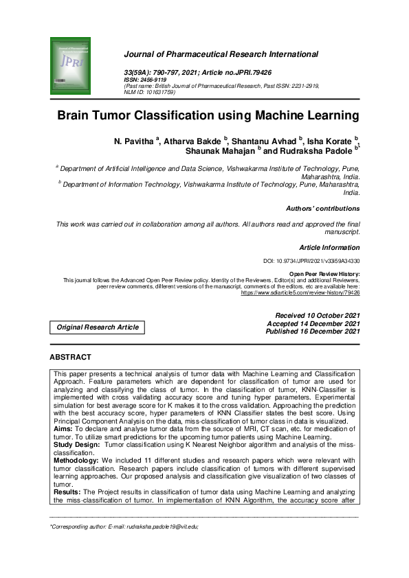 (PDF) Brain Tumor Classification using Machine Learning