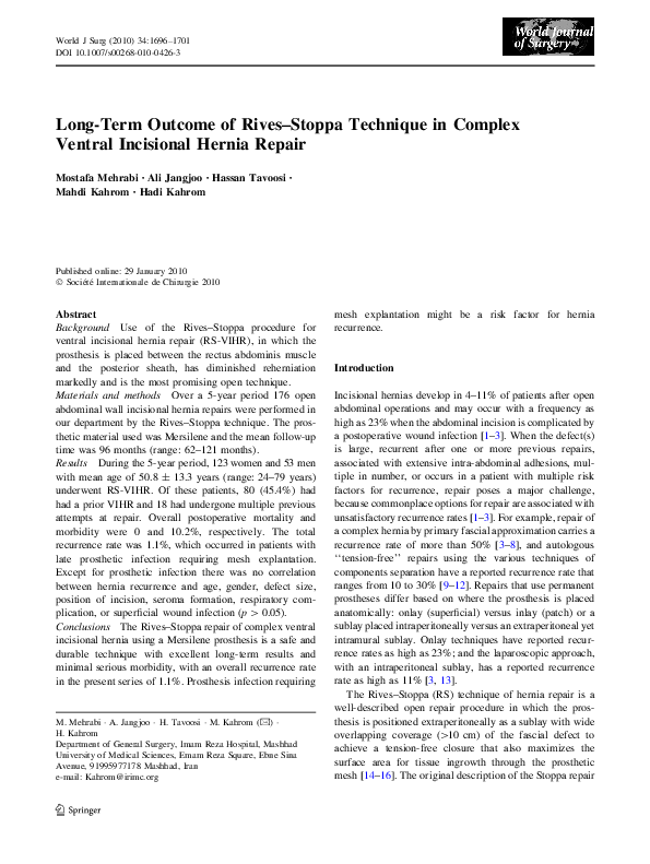 (PDF) Long-Term Outcome of Rives–Stoppa Technique in Complex Ventral ...