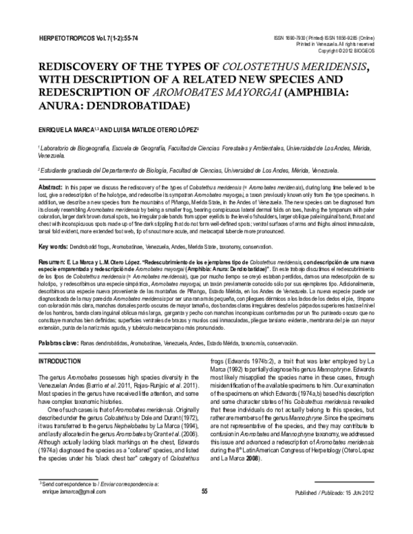 (PDF) Rediscovery of the types of Colostethus meridensis, with ...