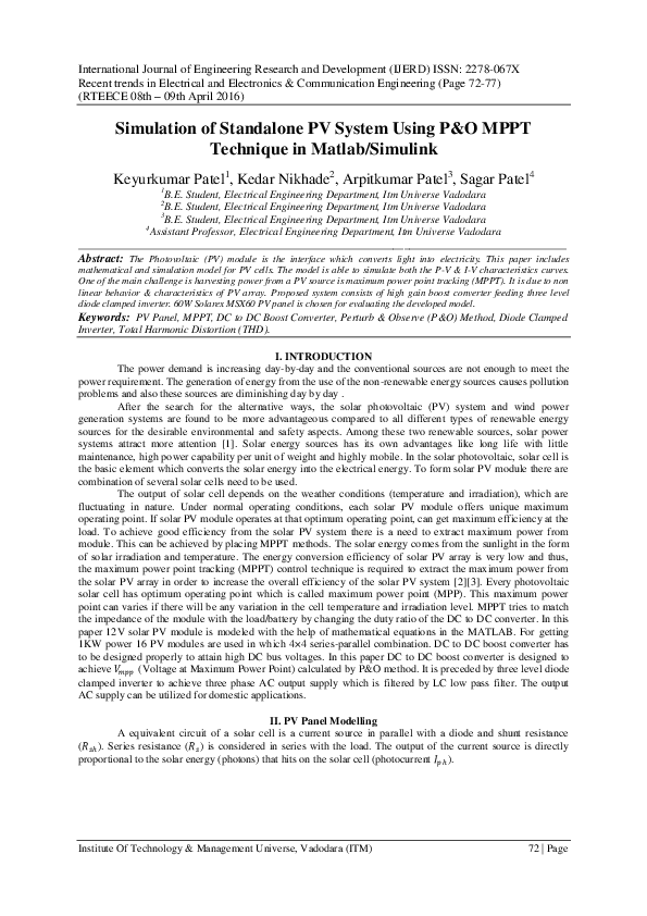 Pdf Simulation Of Standalone Pv System Using P And O Mppt Technique In Matlab Simulink