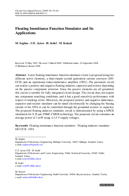 (PDF) Floating Immittance Function Simulator and Its Applications