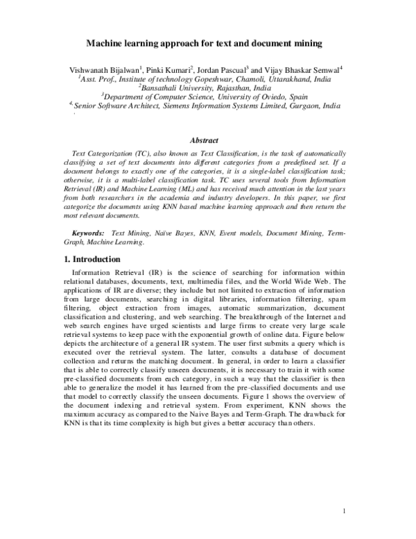 (PDF) KNN based Machine Learning Approach for Text and Document Mining