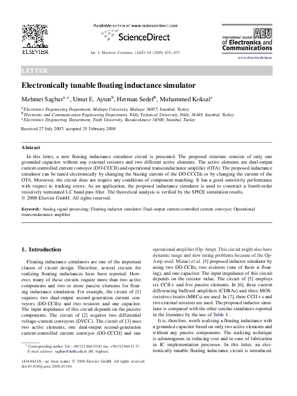 (PDF) Electronically tunable floating inductance simulator