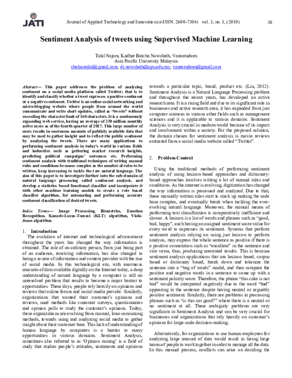 Pdf Sentiment Analysis Of Tweets Using Supervised Machine Learning