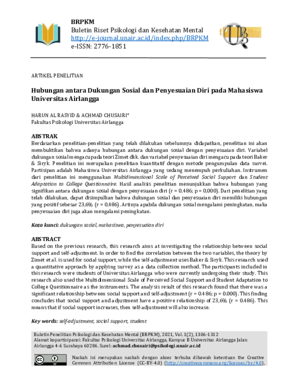 (PDF) Hubungan antara Dukungan Sosial dan Penyesuaian Diri pada Mahasiswa Universitas Airlangga
