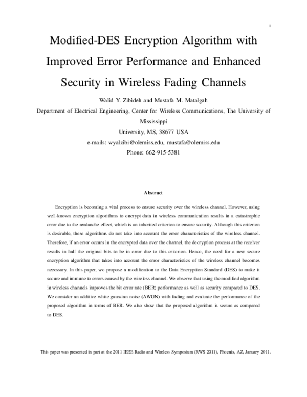 Pdf Modified Des Encryption Algorithm With Improved Ber Performance In Wireless Communication