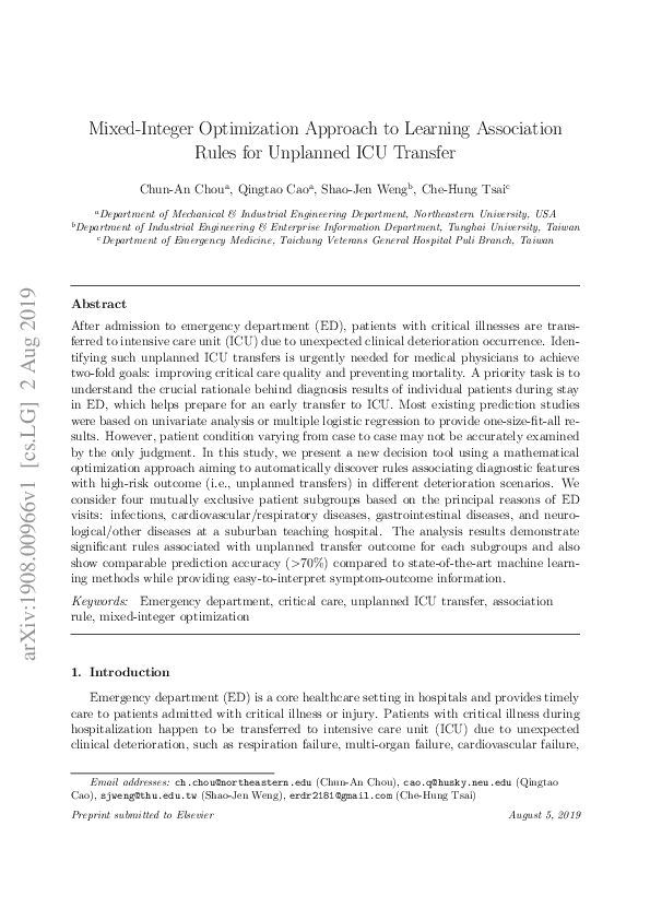 (PDF) Mixed-integer optimization approach to learning association rules for unplanned ICU transfer