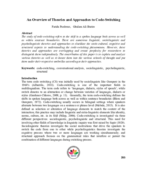 (PDF) An Overview of Theories and Approaches to Code-Switching | farida panhwar - Academia.edu