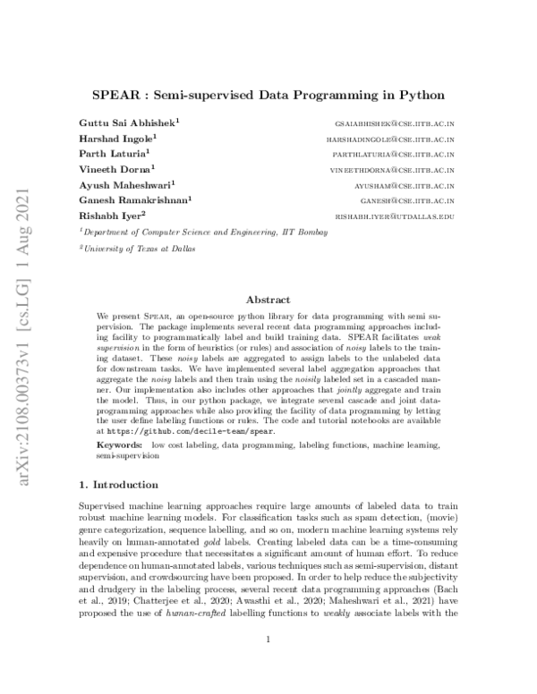 (PDF) SPEAR : Semi-supervised Data Programming in Python