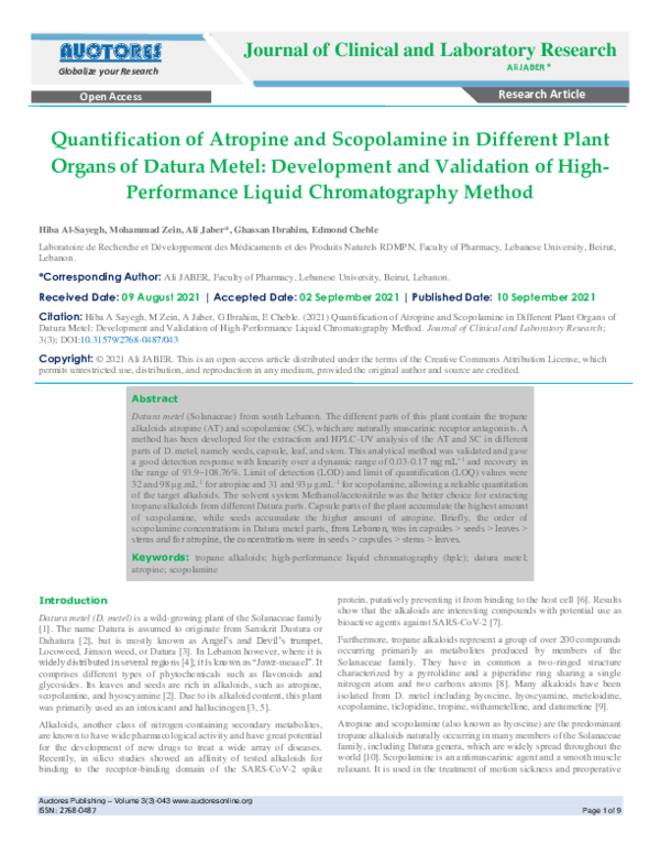 (PDF) Quantification of Atropine and Scopolamine in Different Plant Organs of Datura Metel ...