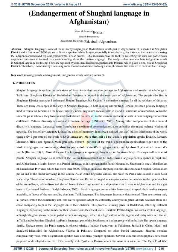 (PDF) Endangerment of Shughni language in Afghanistan
