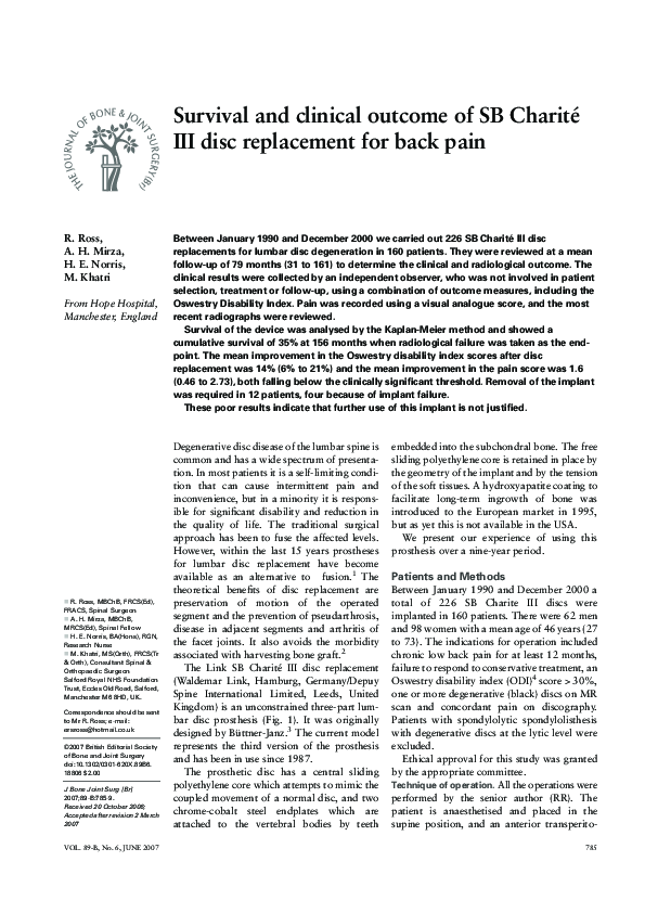 (PDF) Survival and clinical outcome of SB Charite III disc replacement ...