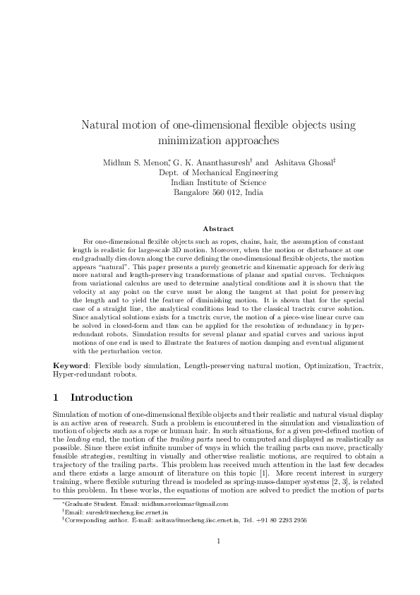Pdf Natural Motion Of One Dimensional Flexible Objects Using Minimization Approaches G K