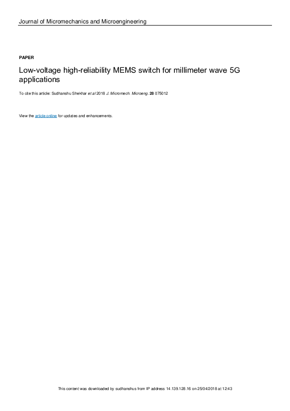 Pdf Low Voltage High Reliability Mems Switch For Millimeter Wave 5g Applications