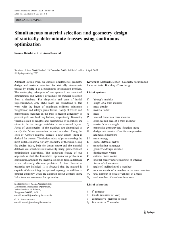 (PDF) Simultaneous material selection and geometry design of statically determinate trusses ...