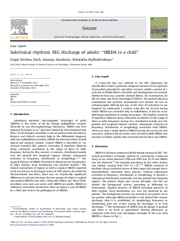 (PDF) Subclinical rhythmic EEG discharge of adults: “SREDA in a child ...