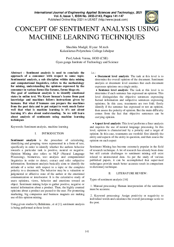 (PDF) Concept of Sentiment Analysis Using Machine Learning Techniques