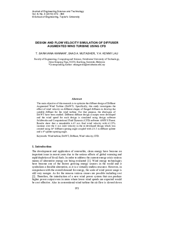 (PDF) Design and Flow Velocity Simulation of Diffuser Augmented Wind Turbine Using CFD